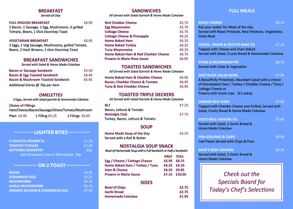 Menu – Nostalgia Southport